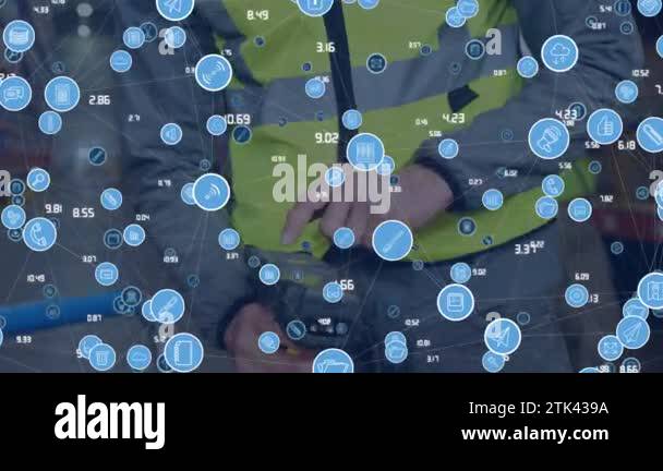 Animation of network of digital icons over caucasian male worker using ...