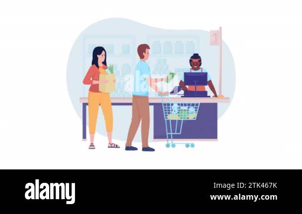 Animated pay at cash register. Looped flat 2D characters HD video ...