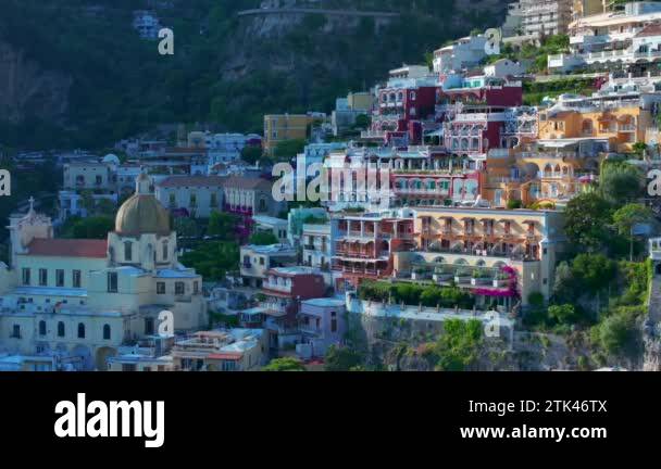 Positano, tourist destination on the Amalfi Coast, Italy. Aerial view ...