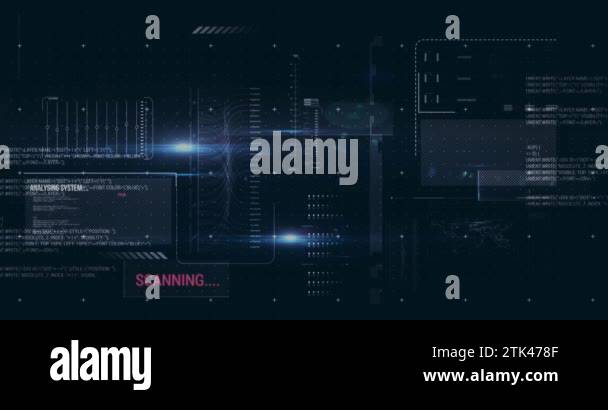 Animation of hexagons over graphs, texts, loading bars and computer language on black background ...