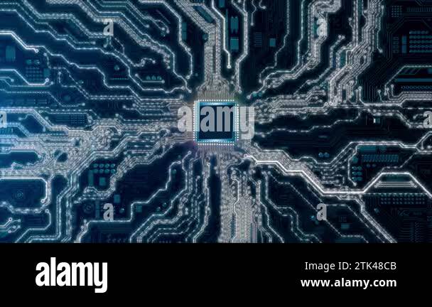 4K Circuit Board electrons Data Flow Background Animation. Artificial Intelligence. Machine ...