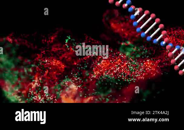 Animation of dna helix over dots forming dynamic waves against black ...