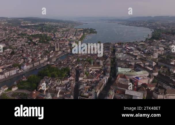 Fly above old town. Landmarks and tourist sights like historic ...