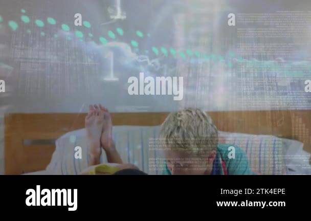 Animation of binary codes, computer language, diverse children lying on ...