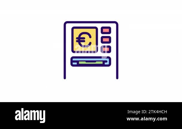 Animated automatic teller color icon. Withdrawing euro bills with ATM ...
