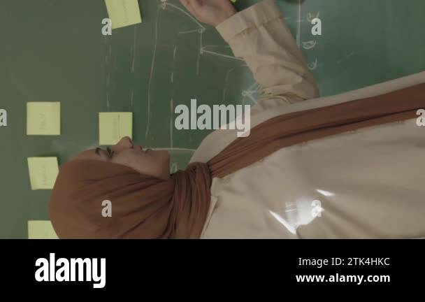 Teacher in hijab teaches math to students in front of chalkboard with ...