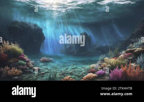 Tranquil underwater scene with colorful marine plants and coral reef in ...