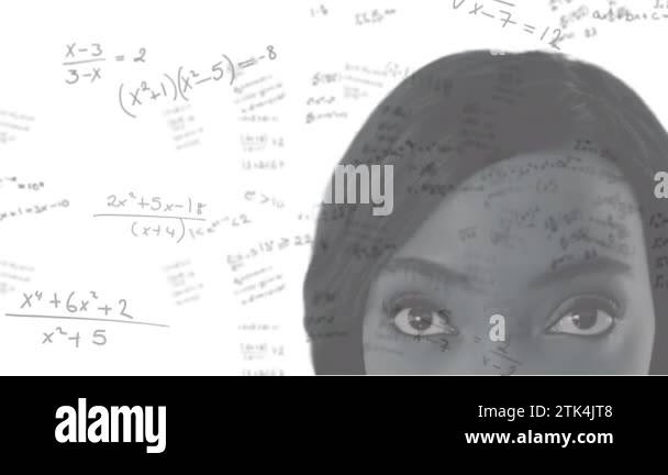 Animation of mathematical equation over african american woman standing ...