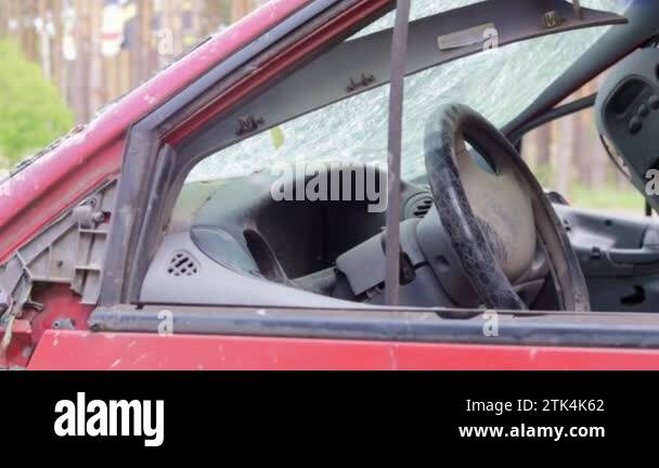 Close-up of the steering wheel of a car after an accident. The drivers ...