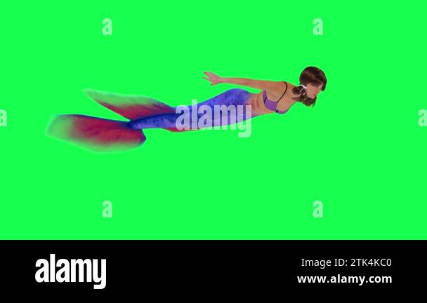 Kind magical 3D mermaid swimming fast from left angle on green screen ...