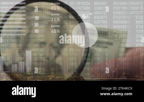 Animation of infographic interface, cropped hand inspecting 20 dollar ...