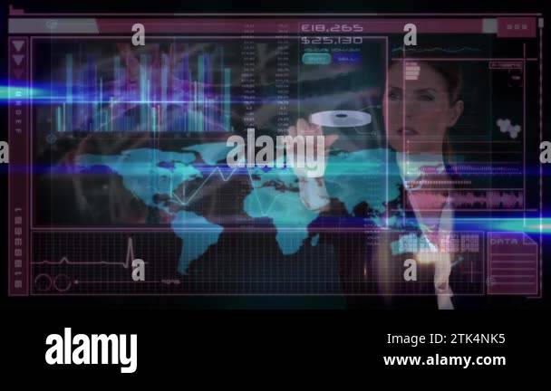 Animation of map, graphs, lens flare over caucasian businesswoman using ...