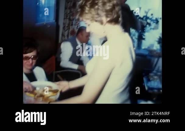 Montpellier, France October 1970: people eat at a buffet in france in ...