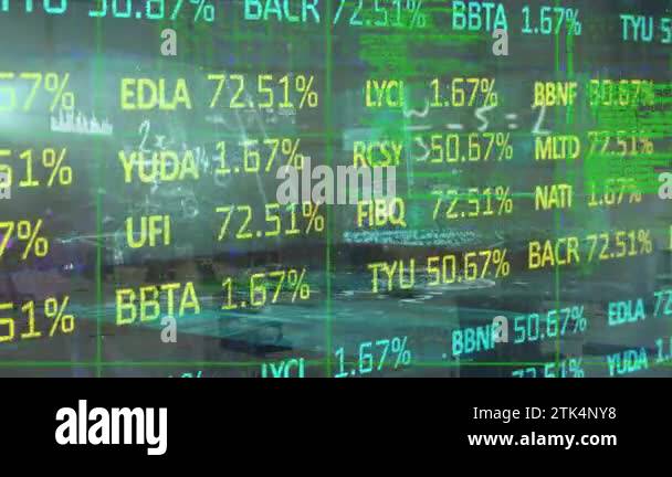 Animation of connected dots, trading board, computer language on empty ...