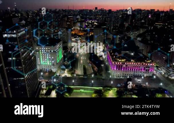 Sao Paulo Brazil. Aerial cyber city cityscape of smart city with futuristic cyber effect ...