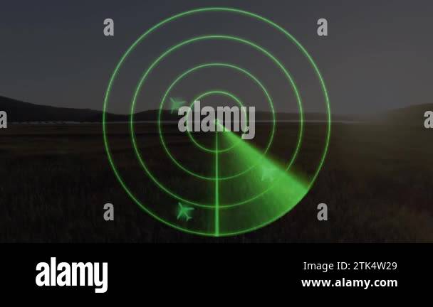 Animation of airplane in circular radar over aerial view of green ...