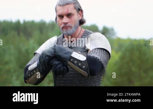 Portrait of a medieval warrior with gray hair and a scar on his face in ...