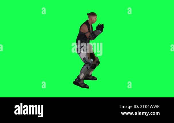 Animated warrior man doing chicken dance from left angle on green ...