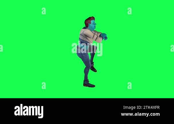 Happy blue 3D cartoon man dancing from left angle on green screen 3D ...