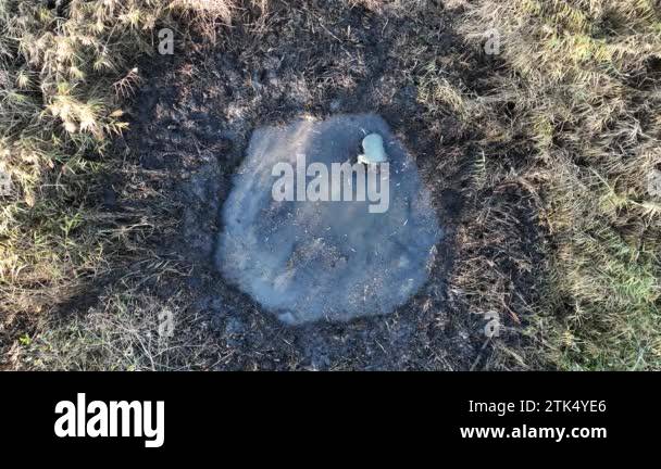 Puddle swamp dig spade worker man drone aerial puddle protection ...