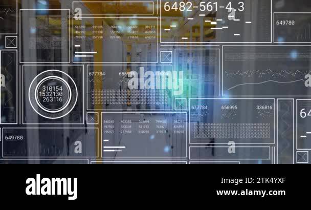 Animation Of Interface With Data Processing And Blue Glowing Spots Against Computer Server Room