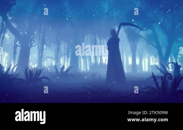 Scary autumn forest with sinister Grim Reaper silhouette and ...
