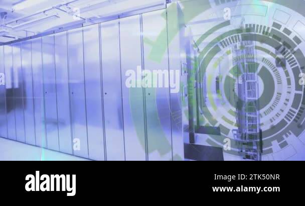 Animation of loading circles and lens flares on data server racks in server room. Digital ...
