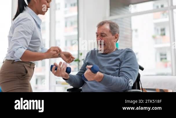 Man with disability, physiotherapy and dumbbell exercise for healthcare ...