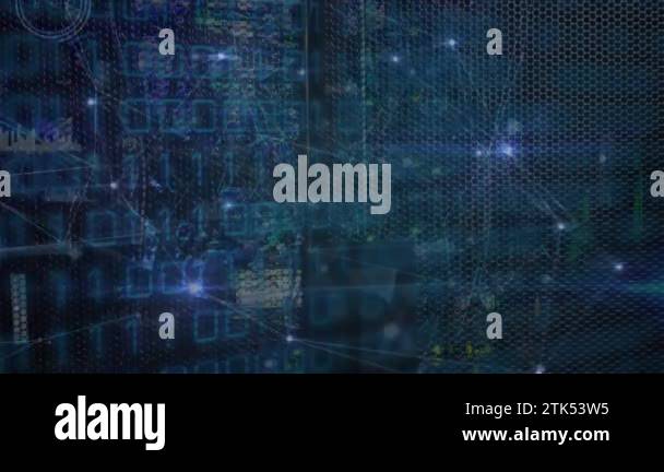 Animation of dots and icons connected by lines, lens flare and binary ...