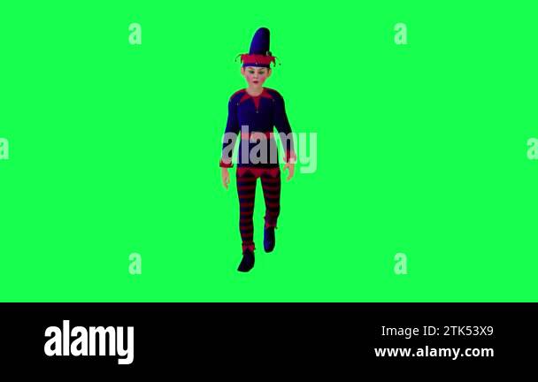 New Year's elf in red blue dress walking from opposite angle on green ...