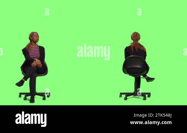 Female model sitting on chair in two sides of full body greenscreen ...