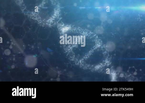 Animation of circles, nucleotides and dots forming dna helix over lens flares in background ...