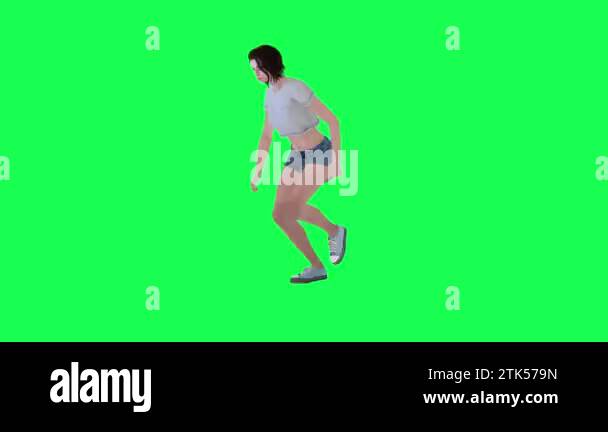 Slender woman in green screen with white skin and make-up face and ...