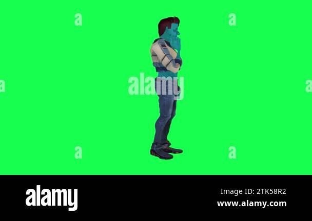 Rough blue 3D animated man talking on his phone from right angle on ...