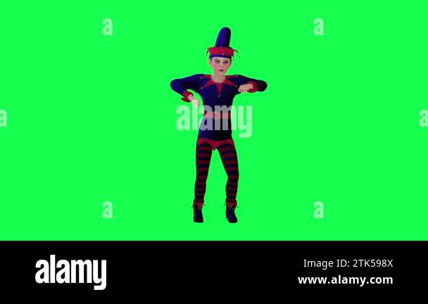3D animated clown elf in red blue dress cheering friends and dancing ...