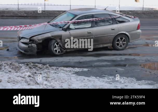 Vehicle wreckage, automobile crash, collision debris. Automobile, front ...