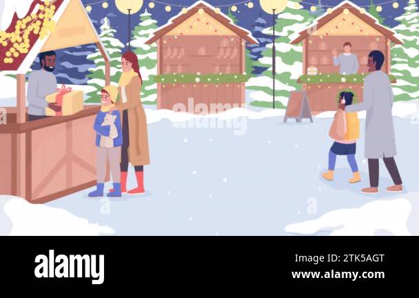 Animated winter market illustration. Holiday shopping. Seasonal ...