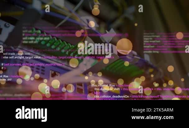 Animation of computer language and lens flares over wires connected to ...