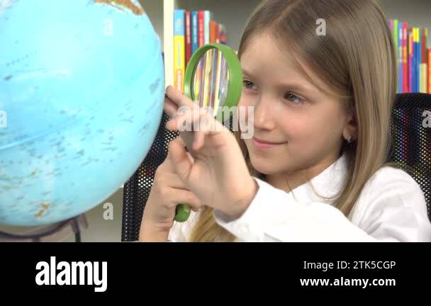 Child Studying Earth Globe in Geography Laboratory, Kid in School Class, Girl Learning in ...