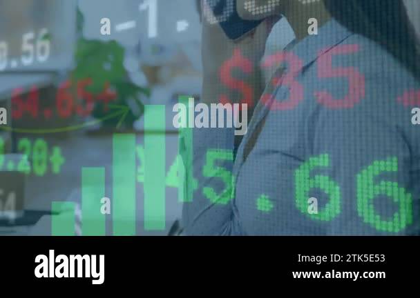 Animation of graphs and trading board over beautiful biracial woman ...