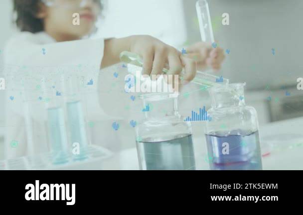 Animation of graph and connected dots over biracial boy pouring liquid ...