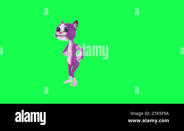 Purple talking 3D animated cat break dancing from right angle on green ...