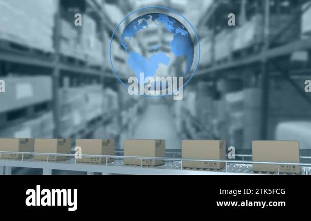 Animation of rotating globe in circle, boxes moving on conveyor belt ...