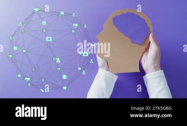 Animation of globe of connections with icons over hands holding human ...