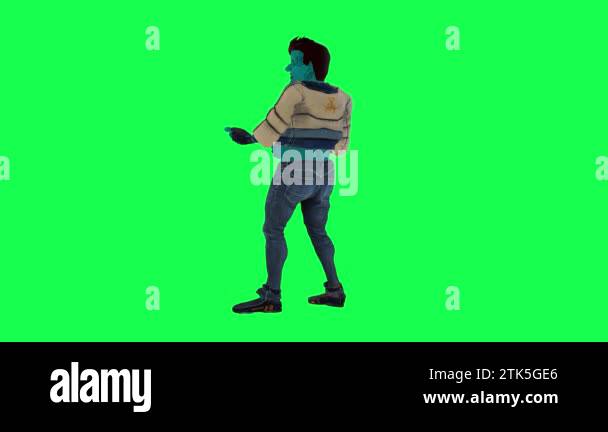 Blue 3D cartoon mercenary man takes out his gun and puts it back in ...