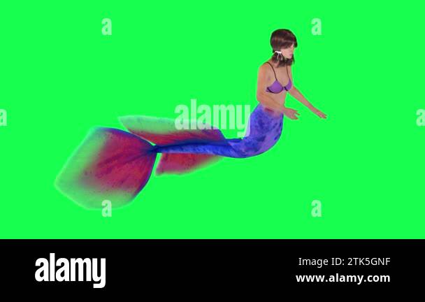 Amazing and beautiful magical mermaid swimming from left angle on green screen 3D people walking ...