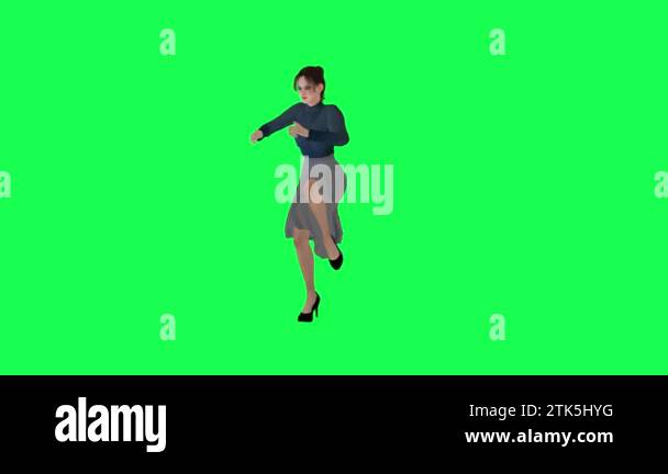 Slim woman with a big body in green screen with a long stein dress with ...