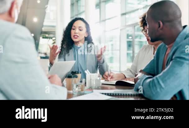 Leader, planning and business woman with team talking about corporate ...