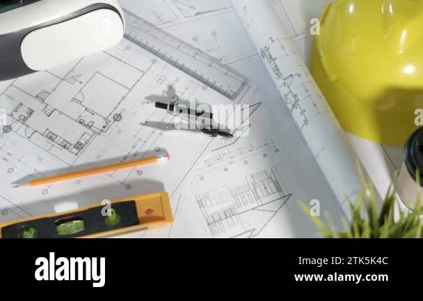 Architect workplace top view. Architectural blueprint paper project ...