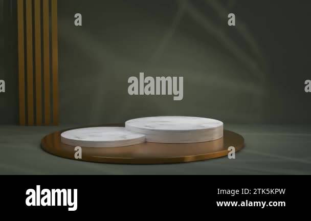 White marble podium rotating on gold platform. Olive green pedestal ...